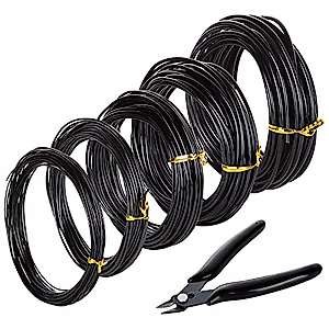 CertBuy 5 Roll Bonsai Wire 5 Size - 1.0MM, 1.5MM, 2.0MM, 2.5MM, 3.0MM Black Anodized Aluminum Bonsai Training Wire 32 Feet Length with Wire Cutter