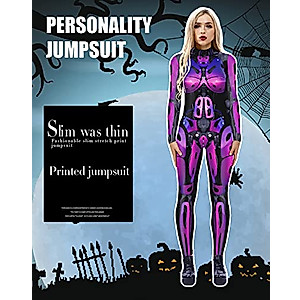 FEOYA Skeleton Skull Costume Halloween Cosplay Jumper for Women Jumpsuit Purple Robot Jumpsuit XL