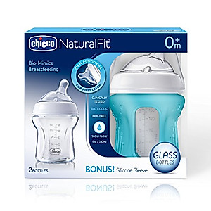 Chicco NaturalFit Glass Baby Bottle 2 Pack, 0m+ Slow Flow, with Bonus Silicone Sleeve