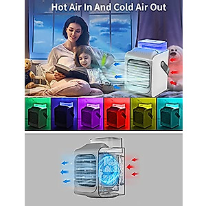 TANING Portable Air Conditioner, Personal Mini Air Cooler, 3 in 1 90° Automatic Head-Shaking Rechargeable Evaporative Air Cooler, 3 Fan Speed, 7 Colors LED Lights Cycle Gradient