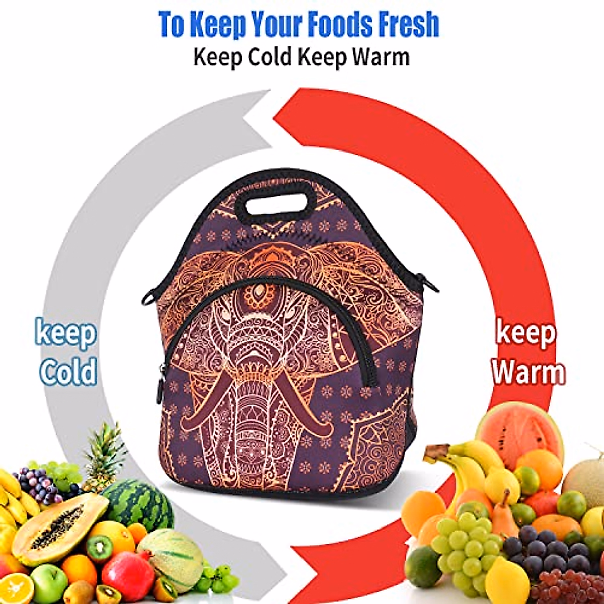 Violet Mist Neoprene Thermal Insulated Lunch Tote Bag Soft Large with Extra Pocket Detachable Adjustable Shoulder Lunchbox Handbags Women men, Retro Elephant 2