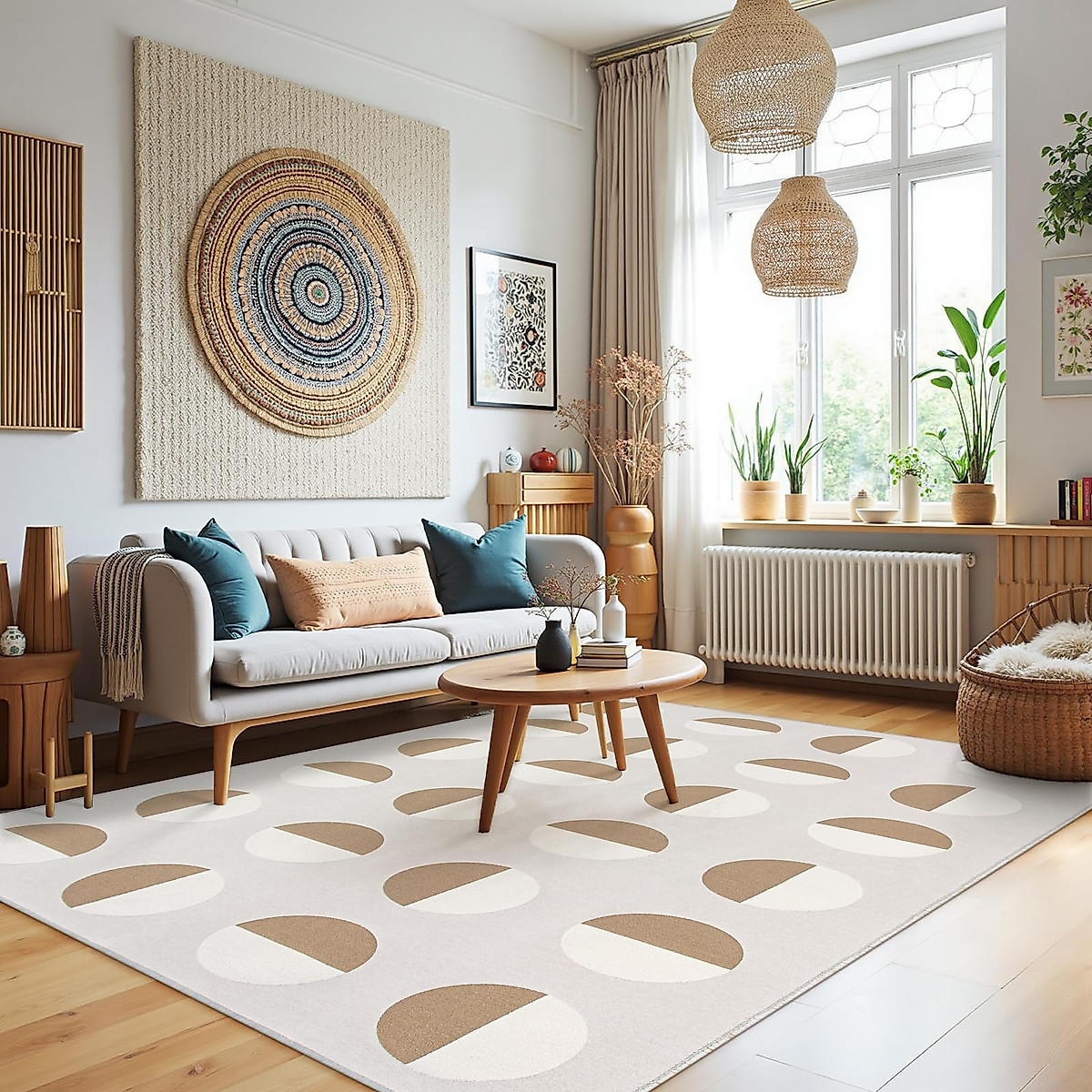 Lahome Modern Geometric Washable Area Rugs 5x7, Woven Thin Living Room Rug Super Soft Area Rug for Bedroom Aesthetic, Cotton Reversible Throw Rug for Dining Room Nursery Dorm(5'x7', Khaki/White)