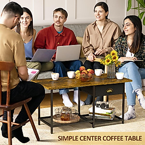 DAOUTIME Small Coffee Tables for Living Room with Drawer, 2-Tier Center Small Table for Small Spaces, Farmhouse Simple Table with 2 Wire Mesh Storage Racks, 15.79" D X 33.11" W X 16.81" H