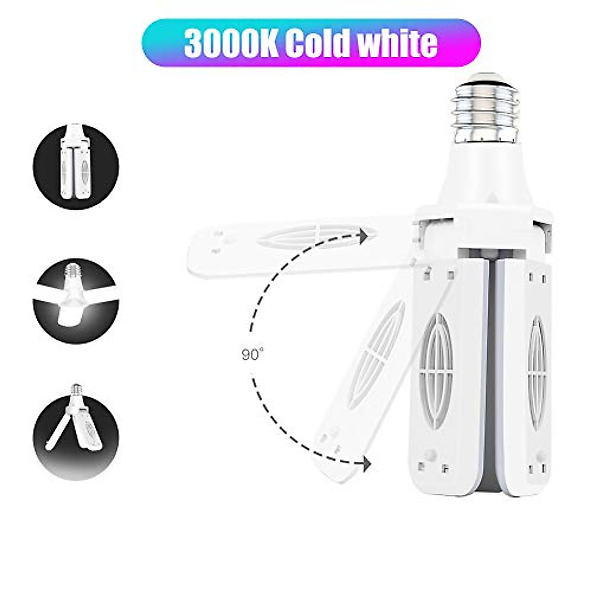 QUANXI 2 Packs LED Garage Lights 30W, 3000 Lumens, Ceiling Lights for Garage,E26 Tribright LED Ceiling Light, 3 Adjustable Panels Garage Light Bulb for Garage, Warehouse, Workshop, Basement