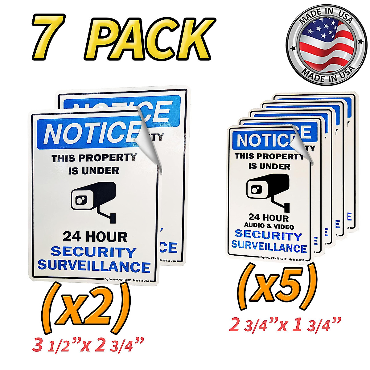 Psyfer® (Fade-Free) 7 Pack - Security Camera Stickers (SMALL) Audio & Video Monitoring Notice [Made in USA]