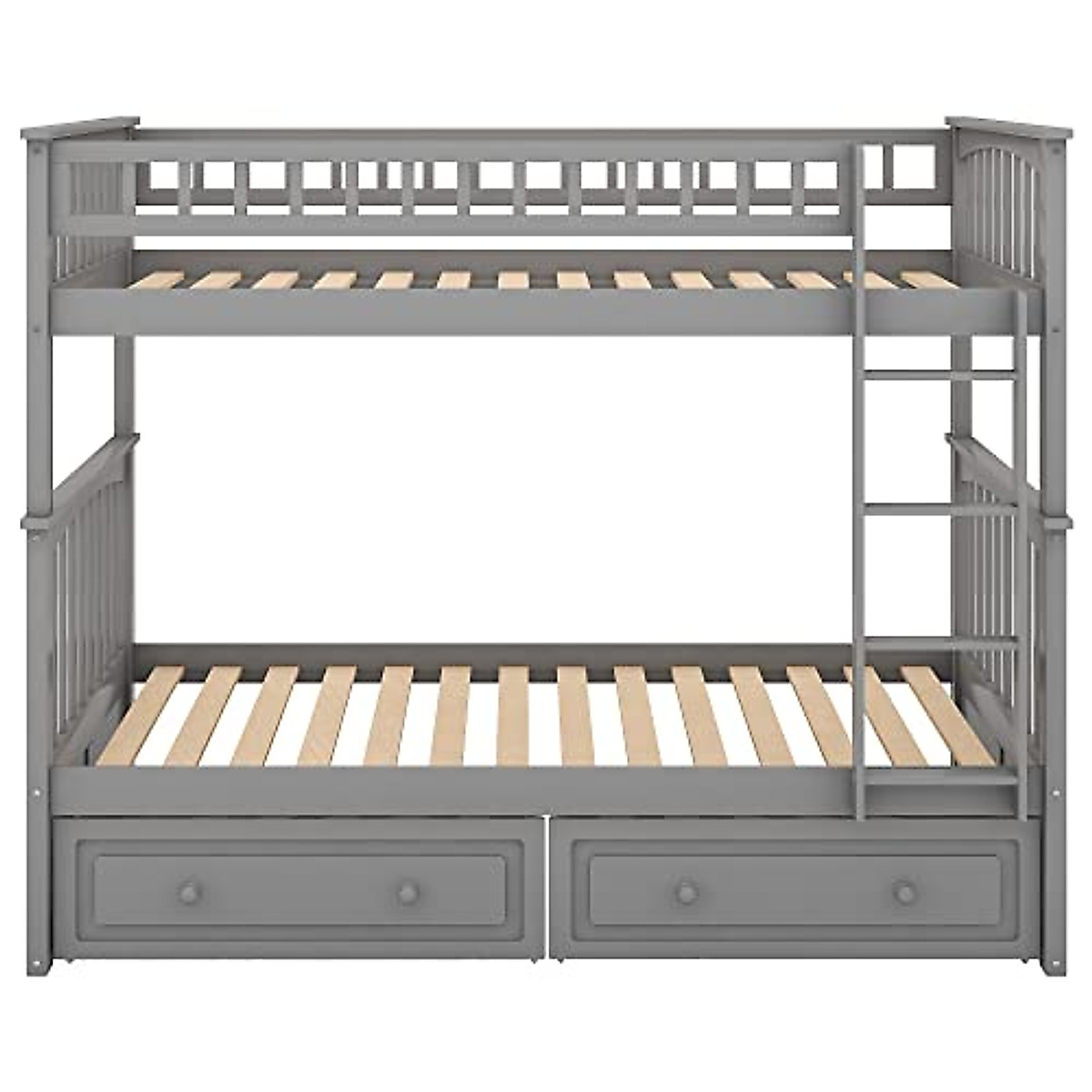 RUNWON Twin Over Twin Wood Bunk Bed with Storage Drawers and Full Length Safety Guard Rails for Kids Adults, Can Be Converted into 2 Beds