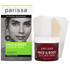 Parissa Face & Body Sugar Wax for Sensitive Skin, 100% Natural Hair Removal, At-Home Waxing Kit - 140ml Chamomile Sugar Wax, 20 Epilation Strips, 3 Wooden Spatulas, 5 Fl Oz (Pack of 1)
