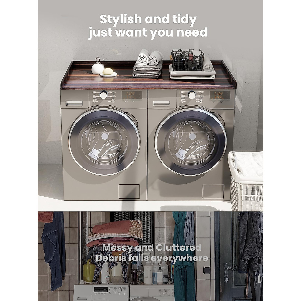 Toemics Washer Dryer Countertop, 27.5" x 54" Laundry Room Organization Shelf with Edge Rails for Washer and Dryer, Durable Melamine Finish, Non-Slip Pads, and 3 Laundry Bags, Eucalyptus