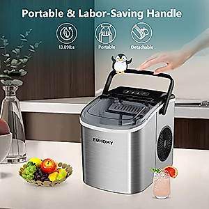 EUHOMY Countertop Ice Maker Machine with Handle, 26lbs in 24Hrs, 9 Ice Cubes Ready in 6 Mins, Auto-Cleaning Portable Ice Maker with Basket and Scoop, for Home/Kitchen/Camping/RV. (Silver)
