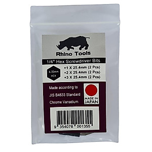 JIS B4633 1/4" Hex Screw Driver Bits | Made in Japan (+1 +2 +3 X 25.4mm - 6 Pcs)