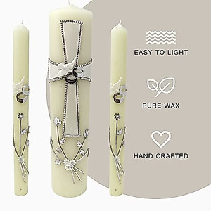 Unity Candle Set for Weddings, Centerpiece Wedding Candles with Silver Tone Accent Cross, Rings and Flowers, Religious Symbolic Marriage Ceremony Decorations, 3 Pack