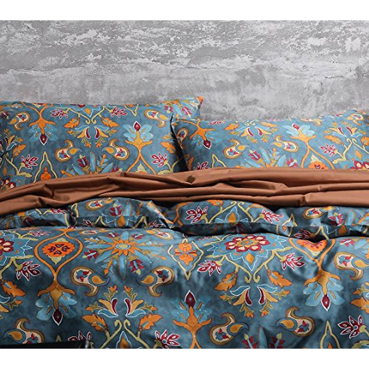 Eikei Home Damask Medallion Luxury Duvet Quilt Cover Boho Paisley Print Bedding Set 400 Thread Count Egyptian Cotton Sateen Vibrant Bohemian Pattern,3 pieces (King, Spanish Tile)