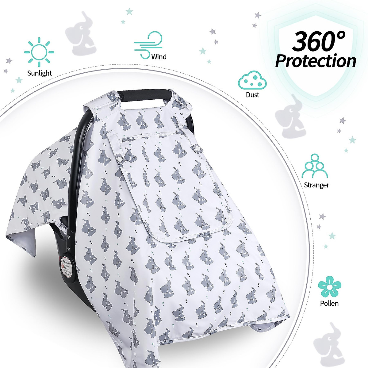 Baby Car Seat Cover, Infant Carseat Canopy with 3 Layers Windows, Breathable Mesh Peep Window, Kick-Proof Carrier Cover for Boys Girls, Windproof Stroller Cover Shower Gift for Newborn (Elephant)