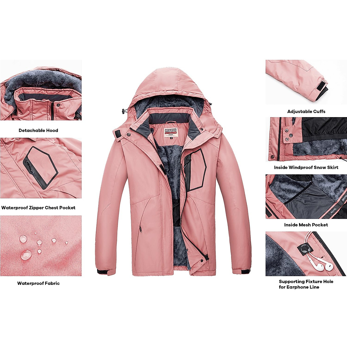 WULFUL Women’s Waterproof Snow Ski Jacket Mountain Windproof Winter Coat with detachable hood