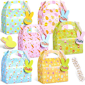 24 Pcs Easter Treat Boxes Paper Easter Gift Box Colorful Party Favor Gable Boxes Easter Candy Cake Cookie Holder with Handle 24 Pcs Bunny Tags with 16.4 Ft Cotton String for Holiday School Decoration