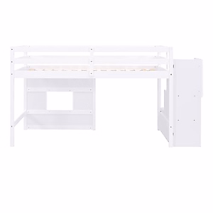 BOVZA Twin Size Low Loft Bed with Storage Staircase and Window, Wooden Low Loft Bed Frame with Stairs Storage for Kids, Teens, Boys, Girls, White
