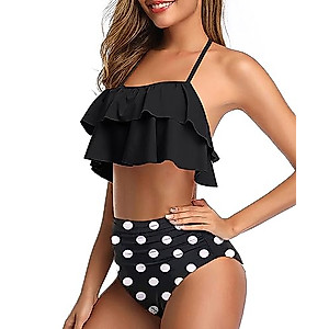 Tempt Me Women Black Polka Dot Two Piece Swimsuits High Waisted Bikini Teen Ruffle Tummy Control Bottoms Halter Bathing Suits M