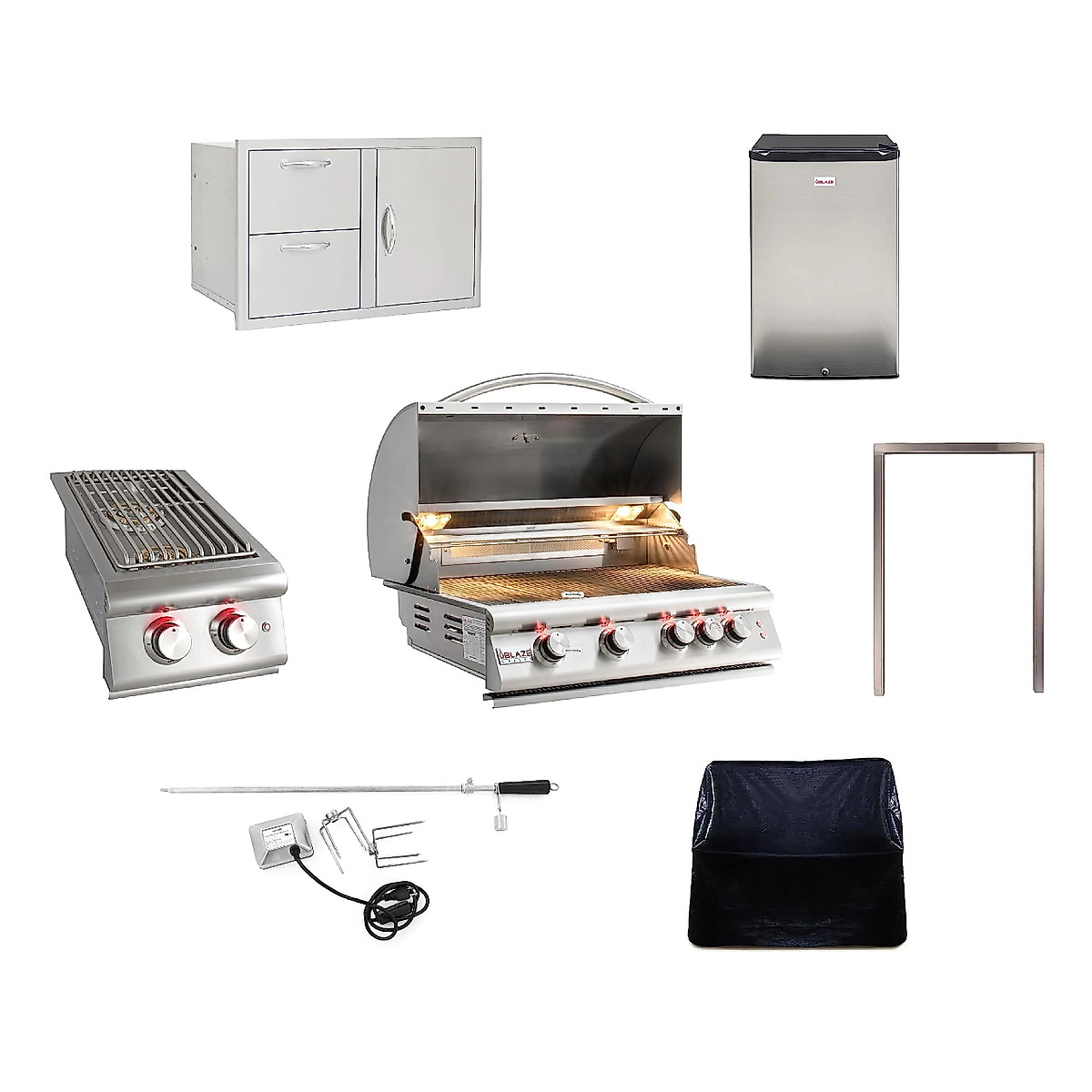 BLAZE BBQ Outdoor Package of 40” LTE Built-in Gas Grill, LTE Built-In Double Side Burner, 32” Door & Two Drawers Combo, 20” Refrigerator and Accessories (Grill Cover, Fridge Trim, and Rotisserie Kit)