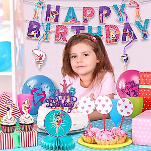 Gymnastics Birthday Party Decorations,61 Pieces Gymnastics Party Supplies for Girls,Include Gymnastics Birthday Banner,Latex Balloons,Honeycomb Centerpiece Table Decorations