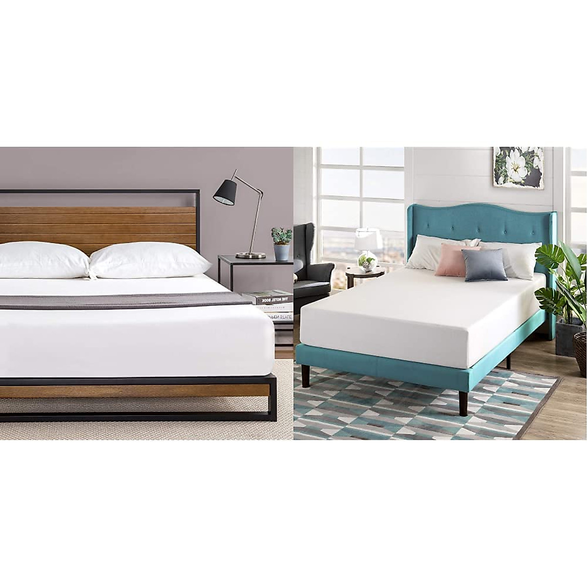 ZINUS Suzanne 37 Inch Metal and Wood Platform Bed Frame / Solid Wood & Steel Construction, Chestnut Brown, Queen & 12 Inch Green Tea Memory Foam Mattress, Queen