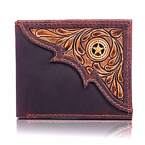 RAW HYD Bifold Wallet for Men (Bourbon Brown) - RFID Blocking Men’s Leather Wallet w/Star Concho - Full Grain, Tooled RFID wallet for men - Slim & Compact Cowboy Wallet - Great Western Gifts for Men