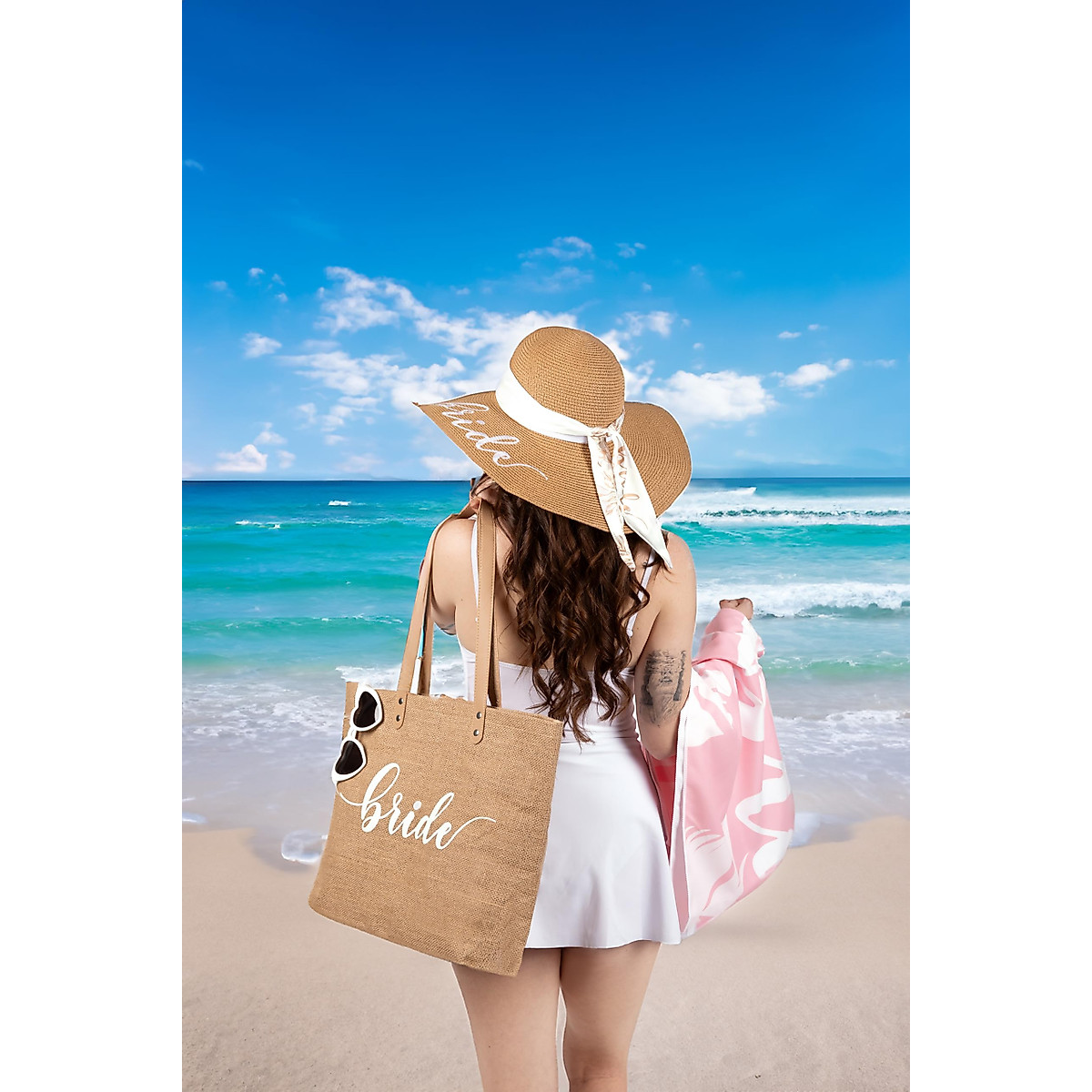 5 pc Bride Beach Bag Honeymoon Gift, Bachelorette Gifts for Bride, Bride to be Gifts, Bride Straw Sun Hat, Bag, Microfiber Towel, Silk Scarf, Sunglasses, Bridal Shower Gift (Bride Beach Gift Set)