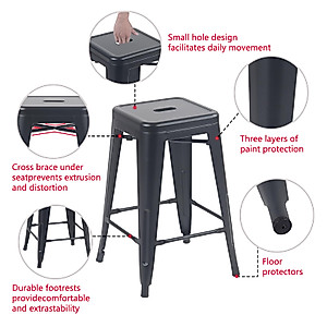 YOUNIKE Metal Barstools Set of 4 Counter Height Bar Stools 24 Inches Indoor Outdoor Patio Home Kitchen Dining Stool Modern Industrial Backless Stackable Bar Chair Matte Black