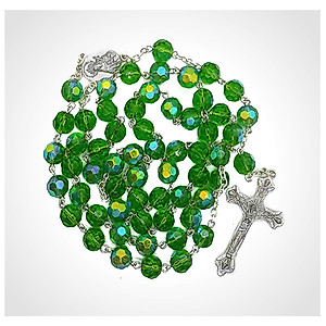 Nazareth Store Green Crystallized Glass Beads Rosary Necklace Holy Mary Medal & Cross Crucifix Handmade Christian Holy Rosary for Men and Women