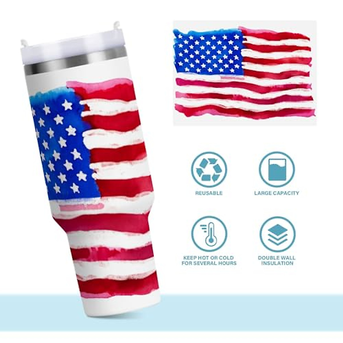 ODAWA Large Travel Insulated Tumblers with Lid and Straw, Usa Flag Double Wall Insulated Tumbler