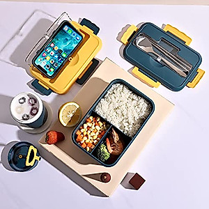 Jossens Bento Box Set,1100ML Leakproof Lunch Box Kit With Utensils,Breakfast Cup and Lunch Bag,3 Compartment Microwave Lunch Containers,BPA Free(Blue)