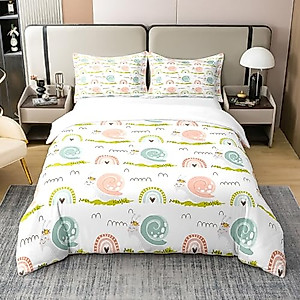 100% Nature Cotton Watercolor Cartoon Snail Duvet Cover Twin Size,Kawaii Wild Animals Pet Boys Girls Room Decor Bedding Set (Not Comforter),Hand Drawn Grass Flowers Comforter Cover Bedding 2 Piece