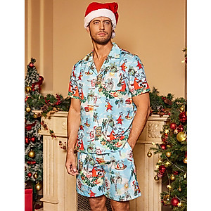 COOFANDY Christmas Sets For Men Short Sleeve Button Down Santa Vacation Shirts 2 Piece Outfits