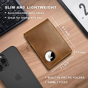 BROSHOPP AirTag Wallet Men, Bifold Genuine Leather Rfid Blocking AirTag Wallet with Cash Slots ID Window, Compatible Apple Air Tag Holder