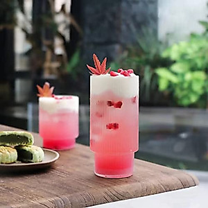 ALINK Ribbed Glassware Drinking Glasses with Straws Set of 4, Vintage Fluted Glassware Iced Coffee Cups, Origami Style Ridged Glass Tumbler for Coocktail, Whiskey, Beer, Water- 2 Cleaning Brush