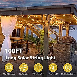 100FT Solar String Lights Outdoor Waterproof, Solar String Lights for Outside with Remote, G40 LED Lights String Solar Powered with 52 Shatterproof Bulbs, Dimmable Patio Hanging Lights for Yard Garden