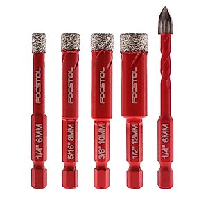 Dry Diamond Drill Bits Set - FOCSTOL 4pcs 6/8/10/12mm Diamond Hole Saw & 1pc 6mm Carbide Drill with Quick Change Hex Shank for Ceramic Porcelain Tile Marble Granite Quartz