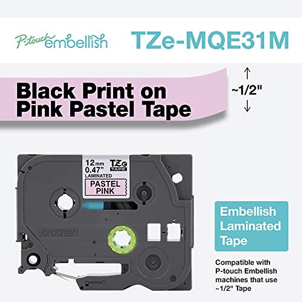 Brother P-touch Embellish Black Print on Pastel Pink Tape TZEMQE31M – ~½” Wide x 13.1’ Long for use with P-touch Embellish Ribbon & Tape Printer