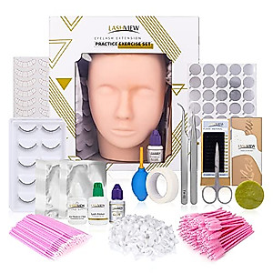 LASHVIEW Eyelash Extension Kit, with Mannequin Head Practice Exercise Set, Training Lash Extension Supplies for Beginners Include Individual Lashes Glue Tweezers and Training Lashes