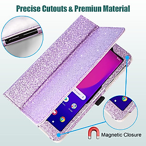 DMLuna Case for Metro by T-Mobile Alcatel Joy Tab 2, 8 Inch Tablet 2020 Release, PU Leather Shockproof Folio Cover Protector Accessory with Handle Hand Strap, Stand, Card Slot, Glitter Purple