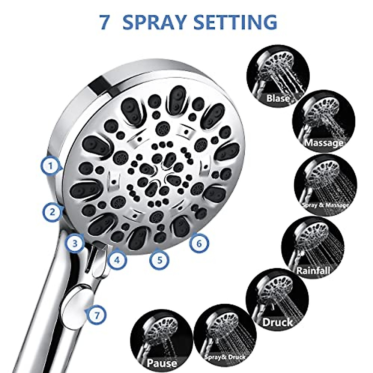 Iopsk Shower Head with Handheld Set 7 Spray High Pressure Detachable Shower Heads with Extra 60" Long Stainless Steel Hose and Adjustable Bracket-Chrome Finish Hand Held Showerhead with On/Off Switch