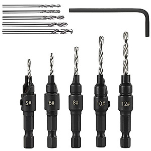 Saipe 5pcs Wood Countersink Drill Bit Set Hex Shank Quick Change Counter Sinker Pre Hole Drill Bit Set Screw Counterbore Bit Pilot Bit Set #5, 6, 8, 10, 12 for Woodworking and Carpentry