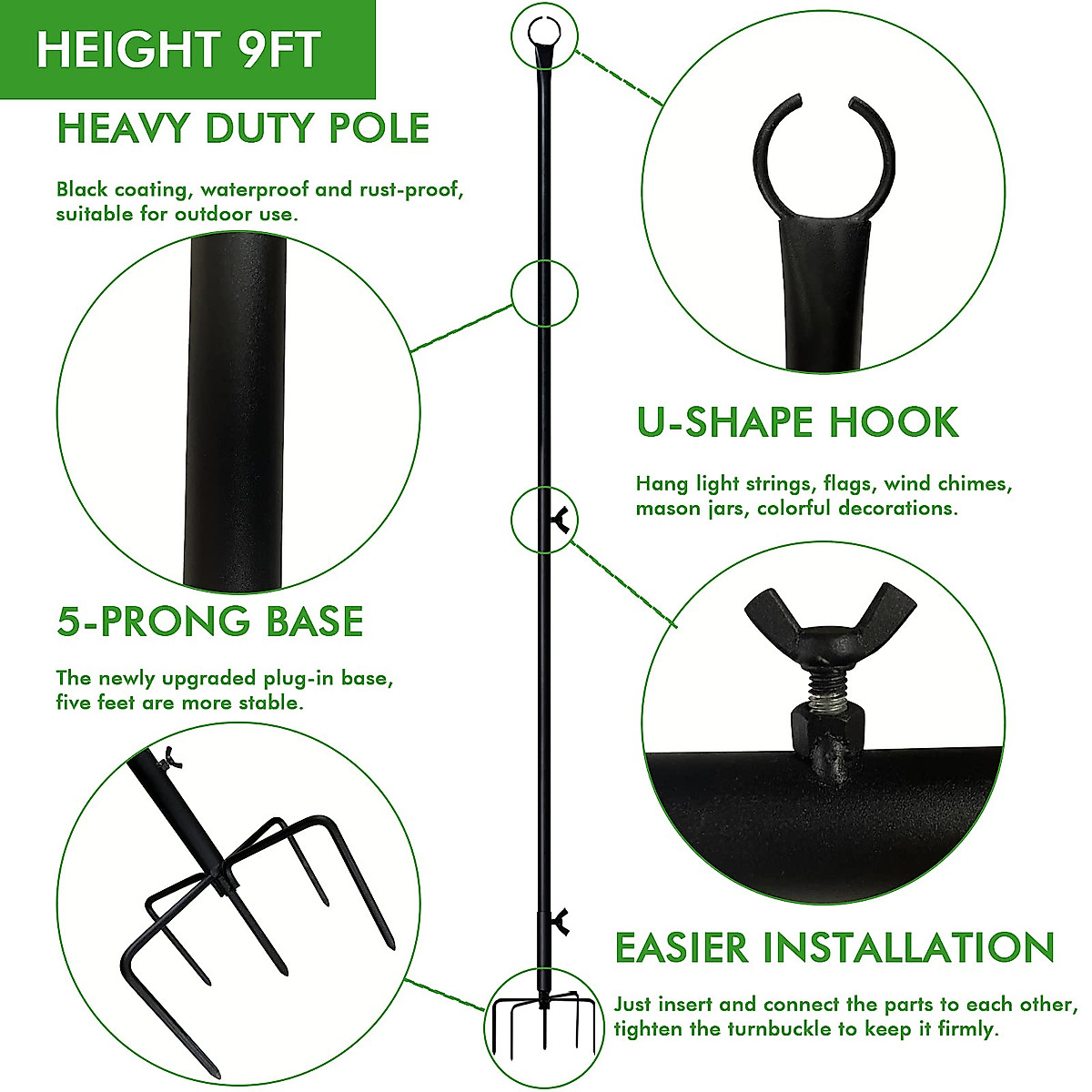 TIDYON String Light Poles for Outdoor, 9ft Sturdy Metal Pole for Hanging String Lights for Outside, Backyard, Patio, Wedding