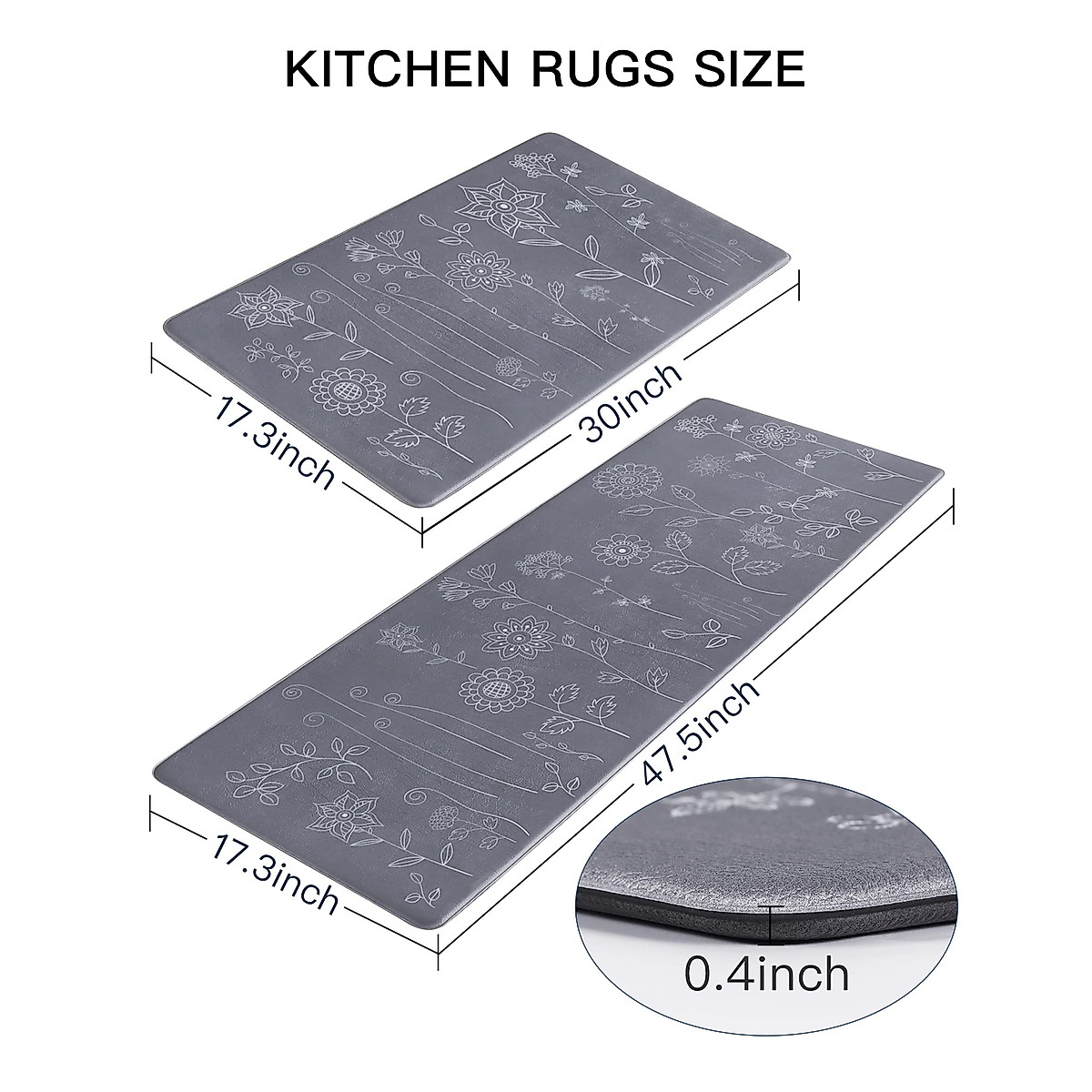 Kitchen Rugs and Mats Cushioned Anti Fatigue, WHTOR 2 PCS Non Skid Kitchen Runner Rugs, Waterproof Memory Foam Kitchen Floor Mat, Standing Desk Mat for House, Sink, Office, Kitchen (Gray)