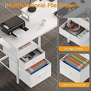 Furologee White 66” L Shaped Desk with Power Outlet, Reversible Computer Desk with File Drawer & 2 Monitor Stands, Home Office Desk with Storage Shelves, Corner Desk for Gaming Writing