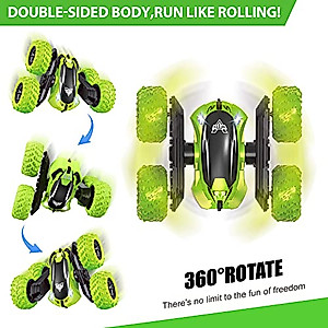 KKONES Remote Control Car, 2.4GHz Electric Race Stunt Car, Double Sided 360° Rolling Rotating Rotation, LED Headlights RC 4WD High Speed Off Road Gift for 3 4 5 6 7 8-12 Year Old Boy Toys (Green)