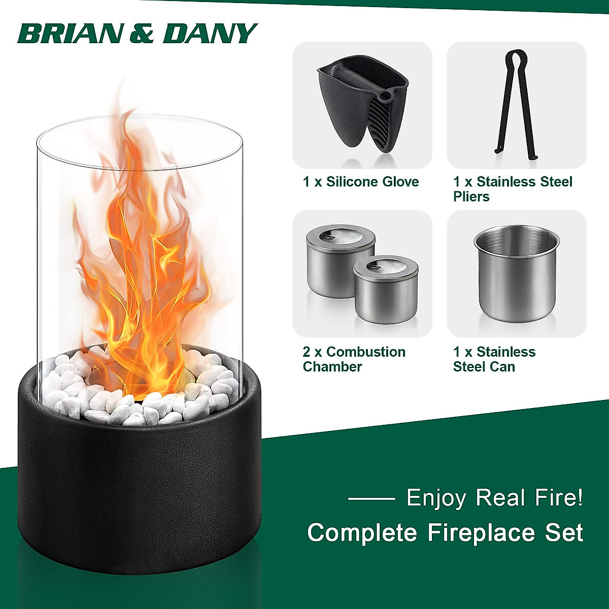 BRIAN & DANY Tabletop Fire Pit, Table Top Firepit Indoor & Outdoor, Tabletop Fireplace with 2 Combustion Chambers, Ethanol Fire Pit Bowl with Fire Killer and Pebbles
