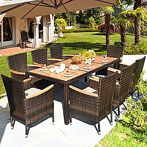 GLACER 9 Pieces Outdoor Patio Dining Set, 75" Large Acacia Wood Wicker Dining Table & Stackable Cushioned Chair Set, Rattan Dining Furniture Set for Backyard, Garden, Poolside, Patio Dining Set for 8