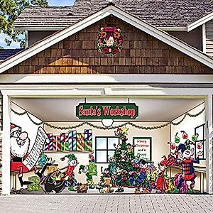 GRASARY Christmas Garage Door Cover Sets with 6 Traceless Nails Xmas Element Merry Christmas Holiday Banner Backdrop Cloth Decor for Home Garage Door,Wall H