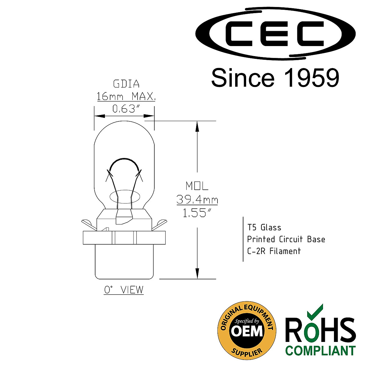 CEC Industries PC579 Bulbs, 12.8 V, 10.2 W, Printed Circuit Base, T-5 shape (2-pack)