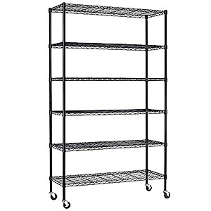 FDW 48"L×18"W×82"H Wire Shelving Unit Storage Cart Metal Shelf Rolling Utility Cart 2100Lbs Capacity with 6 Tier Casters Adjustable Layer Rack Strong Steel for Restaurant Garage Pantry Kitchen,Black